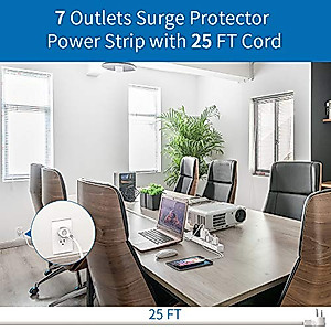 Extension Cord 25 ft, NTONPOWER Long Surge Protector, 15A Heavy Duty Extension Cord, Wall Mount, 7 Outlets Power Strip Flat Plug for Kitchen Home Office Workbench, White, 1080 J