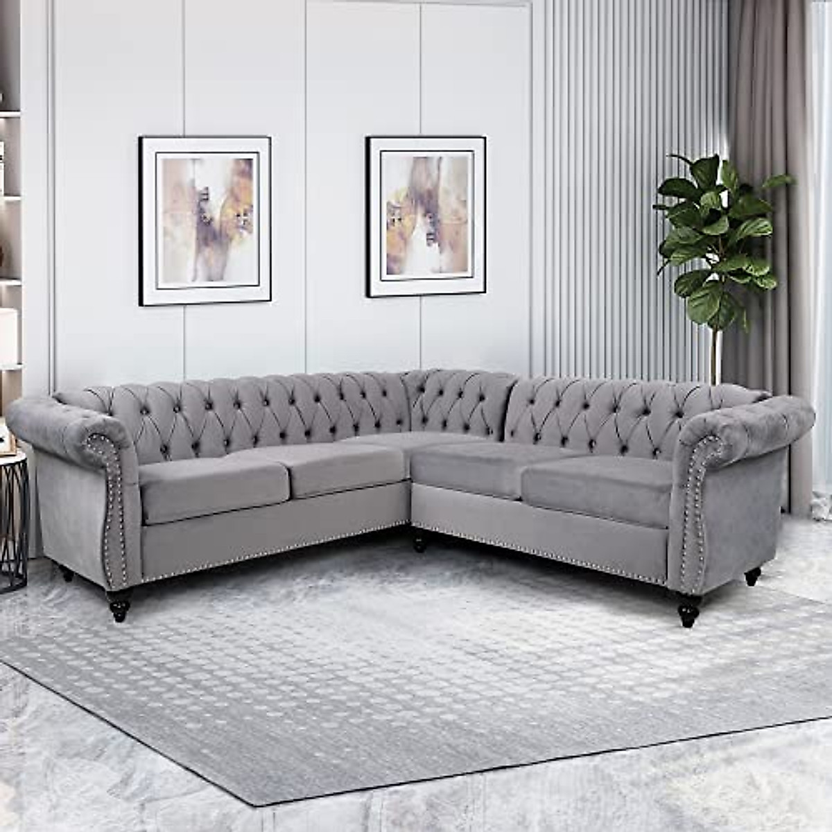 QHITTY L-Shaped Sofa, Sectional Chesterfield Couch 5-Seater Velvet Upholstered Small Accent Tufted Sofa with Rolled Armrest and Nailhead Design for Living Room, Apartment, Office (Grey)