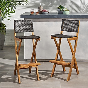 GDFStudio Outdoor Folding Acacia Wood Barstools (Set of 2), and Brown