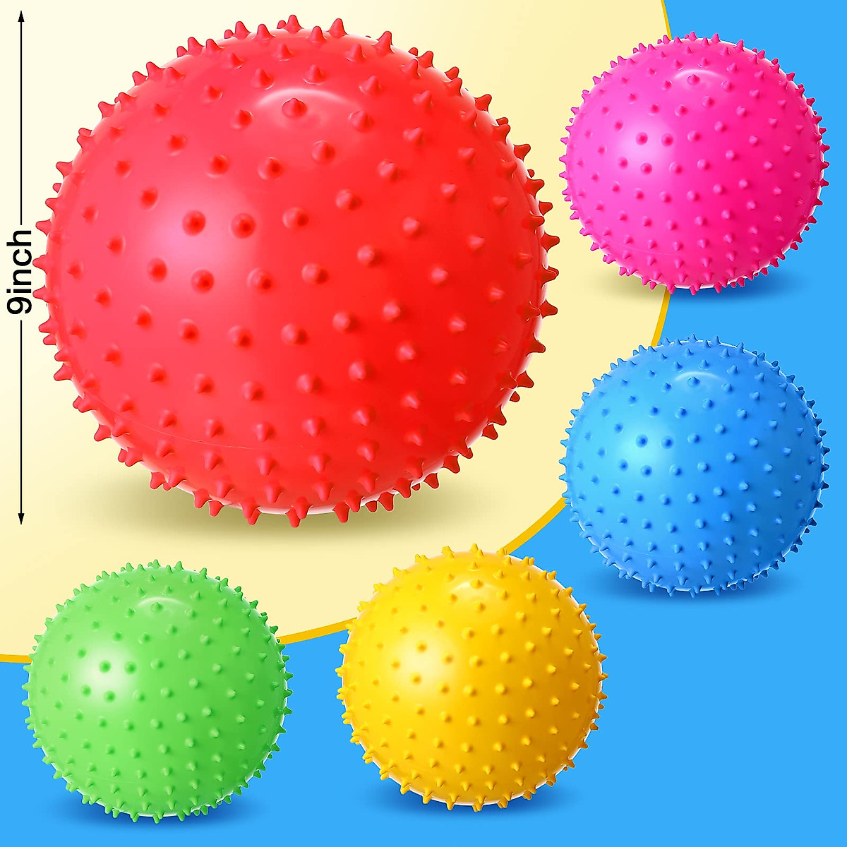 10 Packs Knobby Balls 9 Inches Sensory Balls Fun Bouncy Balls Spiky Toy Balls Inflatable Outdoor Ball Rubber Massage Stress Balls with Hand Air Pump for Party Favors Stocking Stuffers, 5 Colors