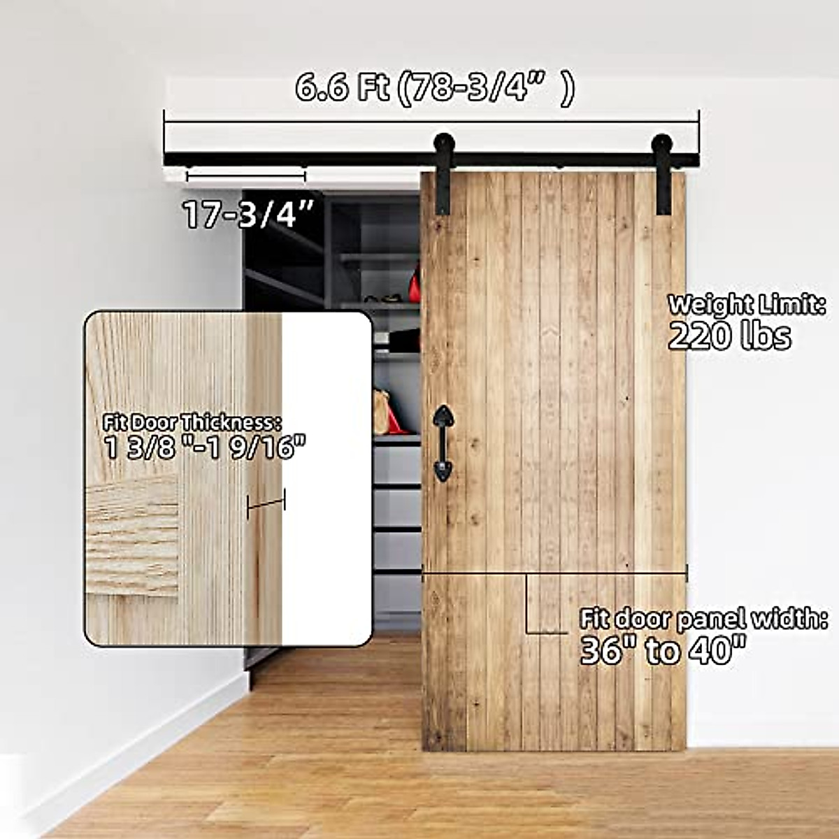 HOME MASTER HARDWARE 6.6 FT Heavy Duty Sturdy Sliding Barn Door Hardware Kit (Whole Set Includes 1x Pull Handle Set & 1x Floor Guide & 1x Latch Lock) Fit 36"- 40" Wide Door Panel (I Shape Hanger)