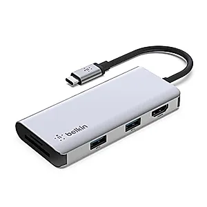 Belkin AVC007btSGY 5 in 1 USB-C Hub, 4K HDMI, 2 x USB3.0, SD/microSD Compatible with iPad/iPad Pro/iPad Mini/iPad Air/MacBook/MacBook Air/Android Tablets and More