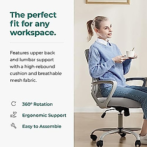 SMUG Ergonomic Chair Computer Gaming with Arms, Home Office Desk with Wheels, Mid-Back Task Rolling with Lumbar Support, Comfy Mesh Swivel Executive, 18.5" D x 20.08" W x 41.5" H, Grey