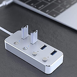 WJCCY Aluminum Alloy 4 Port USB 3.0 Hub Sub-Control Switch HUB 60/120cm Cable Upto 5Gbps Splitter (Color : Silver)