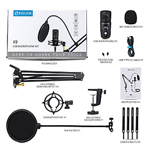 FDUCE USB Streaming Microphone Kit, Professional 192Khz/24bit Studio Mic with Arm Stand Advanced Chipset, PcMicrophone for Singing, Gaming, Podcast, Zoom, Online-Teaching, YouTube, X9