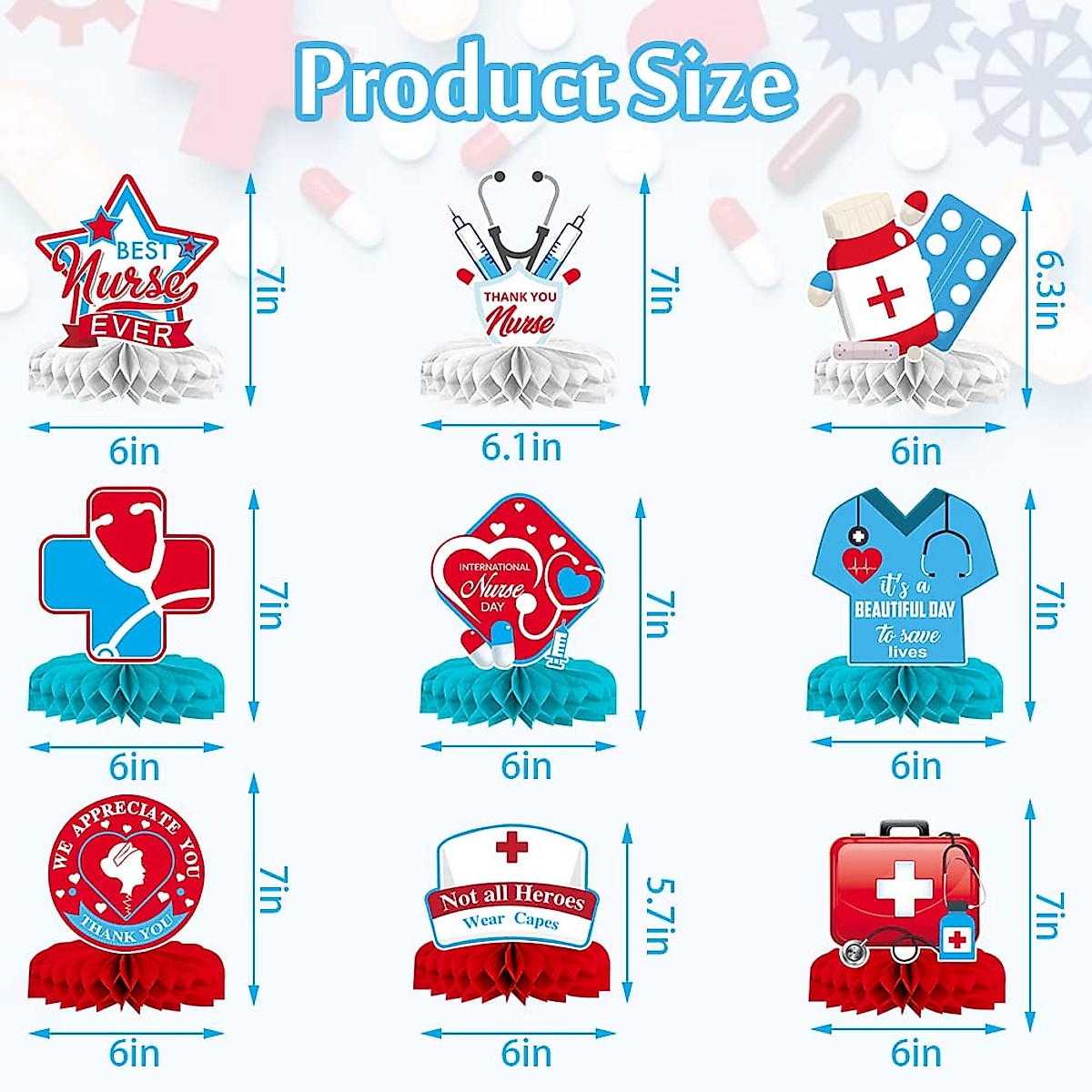 Estivaux 9 PCS Nurse Honeycomb Centerpieces Nurses Appreciation Week Honeycomb Table Centerpiece Nurse Day Table Toppers for Nurses Graduation Party Decorations 2024 Grad Party Favor Supplies