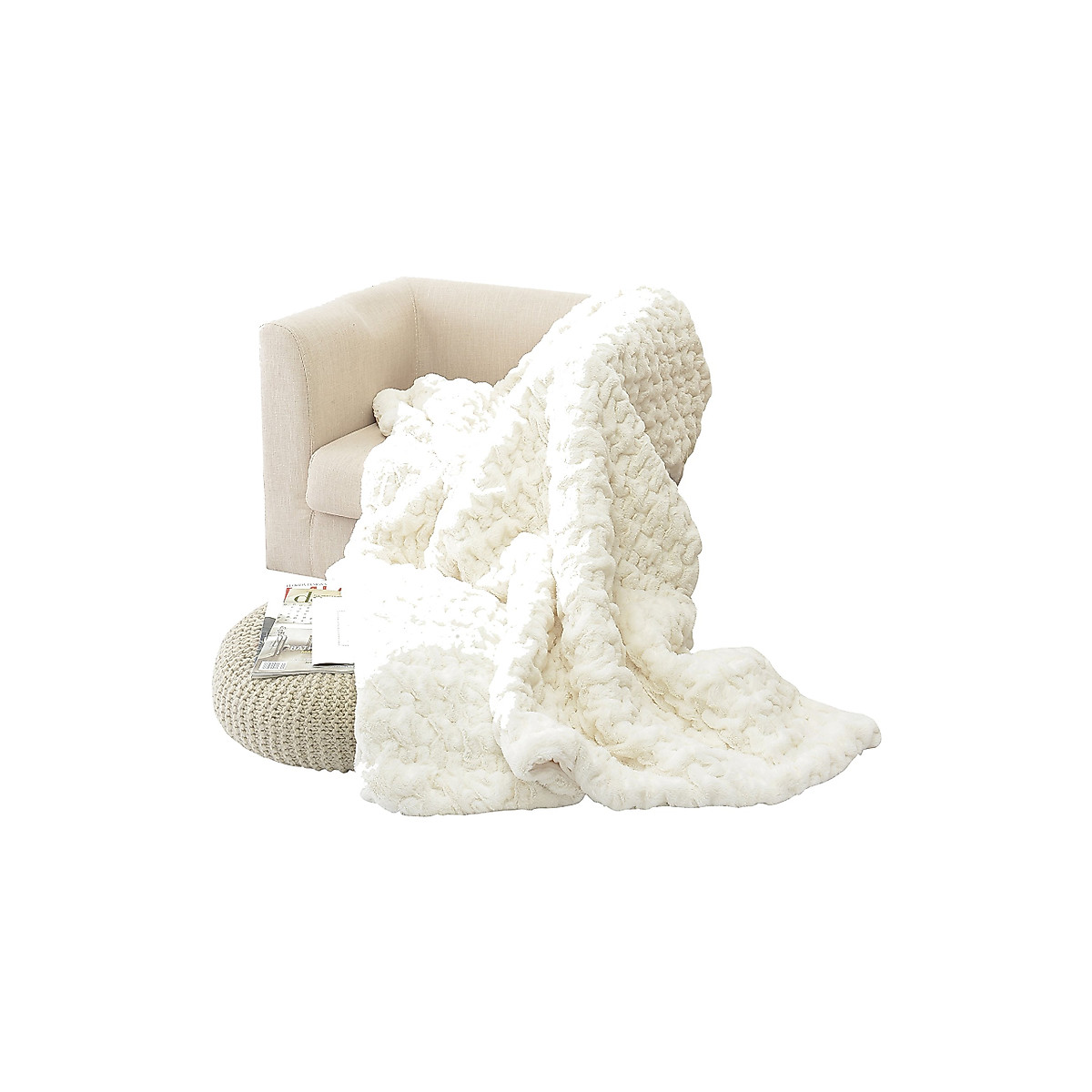 HappyCare Textiles HCT BKT-002 Luxury Quilted Faux Fur Throw Blanket, 50" by 60", Ivory/White