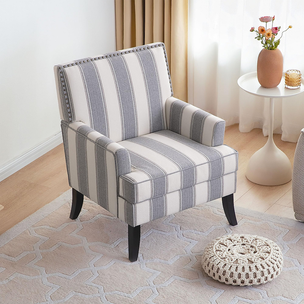 HUIMO Printed Accent Chair Upholstered Linen Fabric Living Room Chair with Rivet Comfy Armchair with Hold up to 300lb Capacity Reading Sofa Chair for Bedroom, Study (1, Wide Stripe Grey)