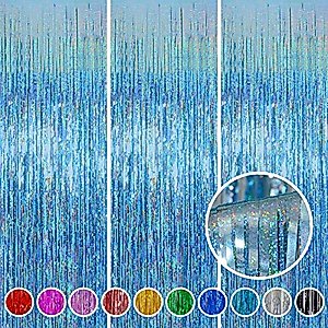 Foil Fringe Curtains Party Decorations - Melsan 3 Pack 3.2 x 8.2 ft Tinsel Curtain Party Photo Backdrop for Birthday Party Baby Shower or Graduation Decorations Light Blue