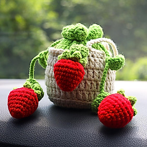 Cute Car Mirror Hanging Ornament - Decorative Rearview Mirror Accessories for Women and Girls - Handmade Knitted Crochet Plant Flower Car Accessories