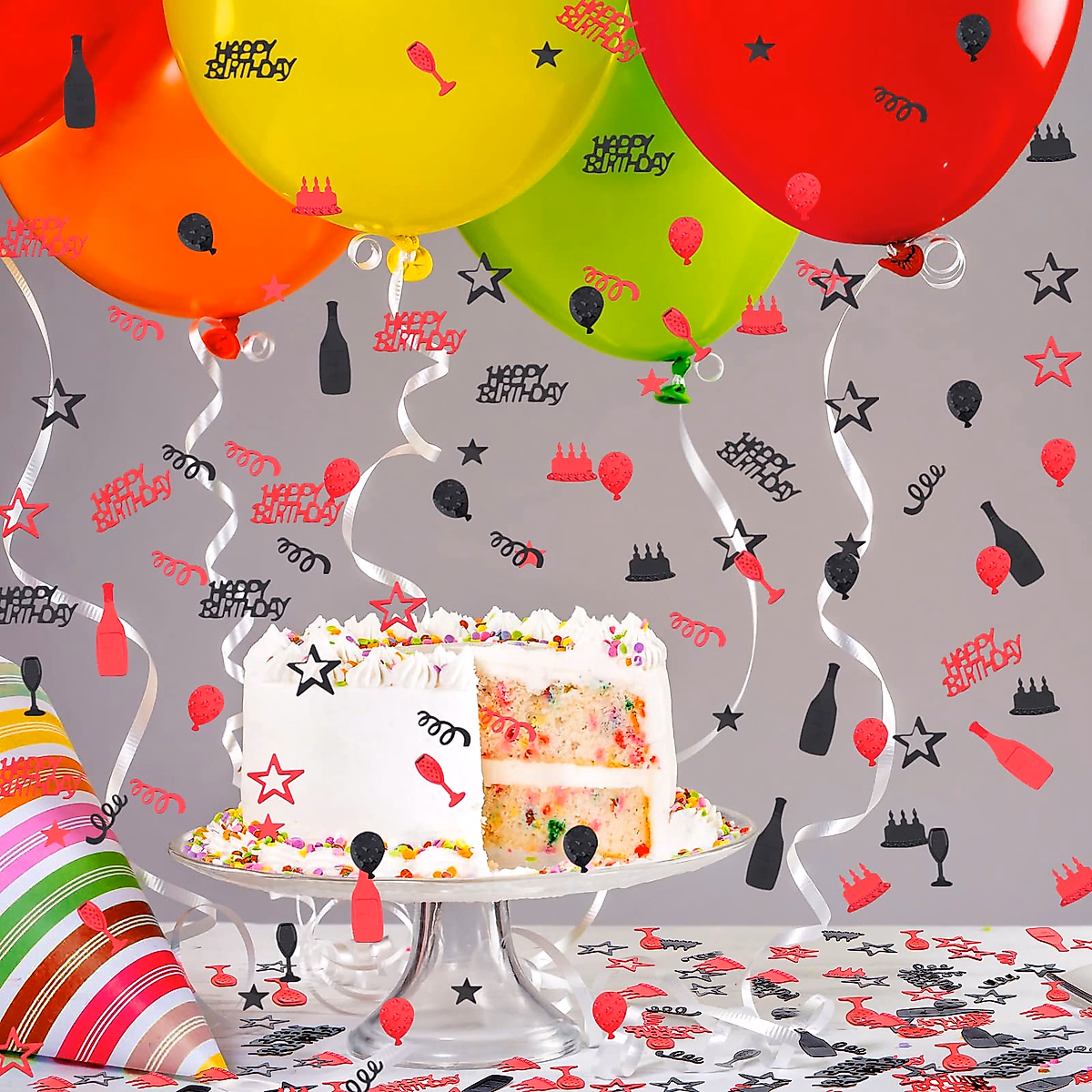 3000 PCS Red Black Happy Birthday Confetti Metallic Foil Stars Birthday Cake Balloon Confetti Table Scatter Confetti Decoration for Birthday Party Anniversary Baby Shower DIY Arts and Crafting