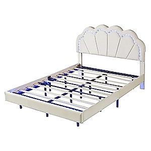 Harper & Bright Designs Floating Upholstered Full Platform Bed with LED Lights and Flowers Headboard. Velvet Full Size Bed Frame with Wooden Slats Support, No Box Spring Needed (Full, Beige)