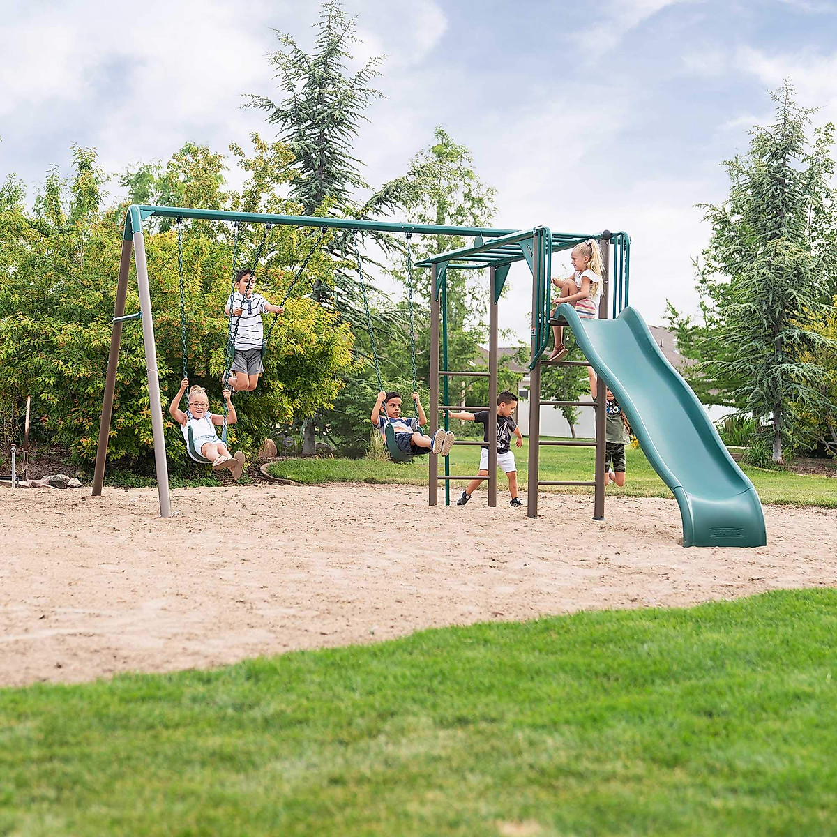 Lifetime 91028 Monkey Bar Adventure Swing Set - Earth Tone Colors & XDP Recreation 70113 Swing Set, Trampoline, & Patio Furniture Metal Ground Anchor Kit Hardware,Bronze