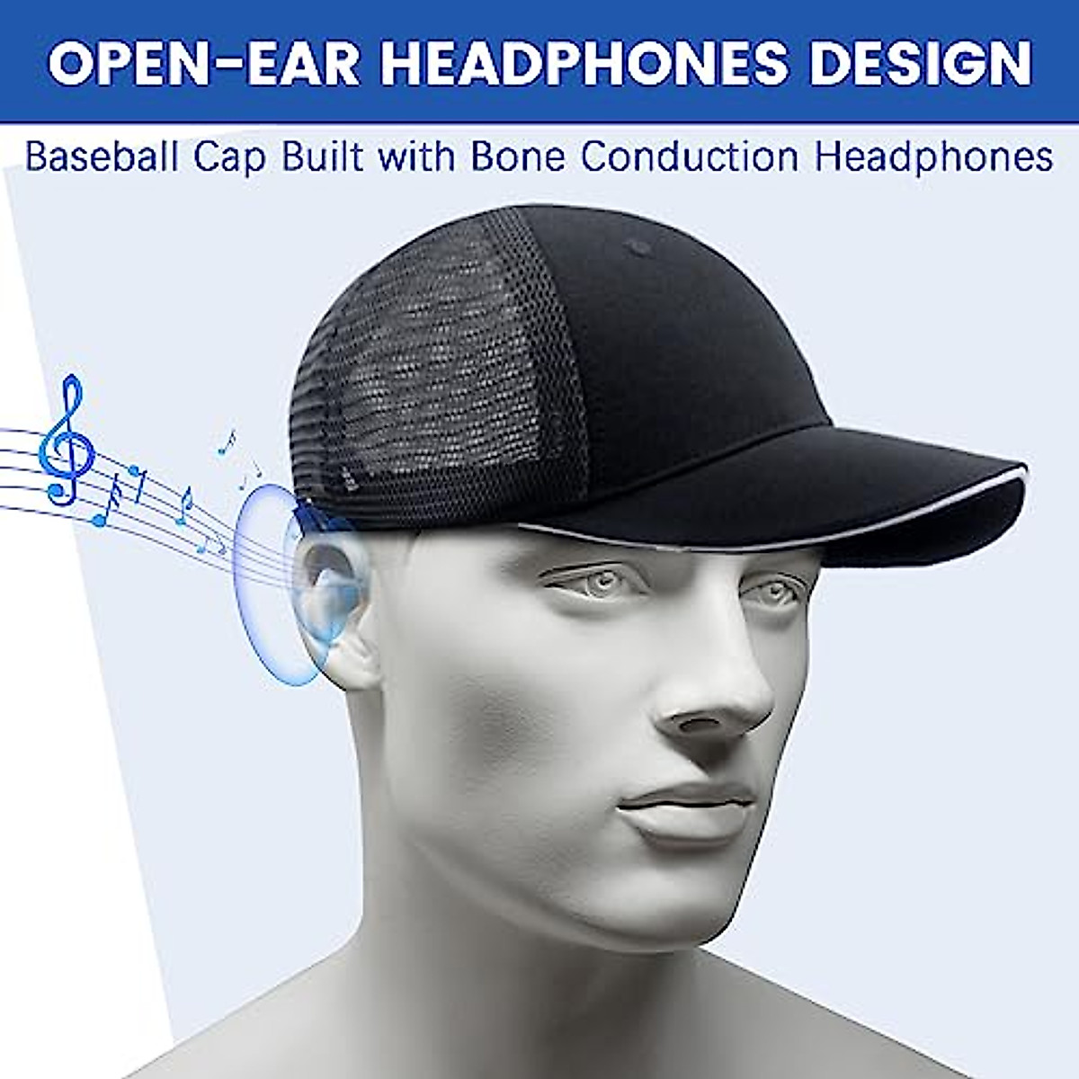Dulailt Bone Conduction Headphones Cap, Trucker Hat with Bluetooth Headphones, 20.4”-24.4” Adjustable Strap, Magnetic Charging, IPV7 Waterproof Snapback Hat, for Running Hiking and Fishing Black
