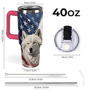 Patriotic Wolves 40 Oz Stainless Steel Cup Travel Tumbler with Handle and Straw Lightweight Coffee Mug for Home Office