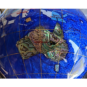 Limited Edition! Unique Art Since 1996 Blue Pearl Swirl Table Top Gemstone World Globe with Silver Zinc Alloy Stand (220MM/9 INCHES 4 LEG/BLUE PEARL OCEAN)