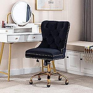 QUINJAY Velvet Home Office Desk Chair, Upholstered Adjustable Swivel Desk Chair with Gold Base, Tufted Study Desk Chair with Comfy High Back for Teens Study Makeup Black
