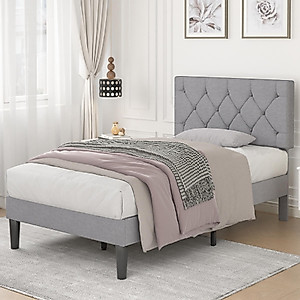 VECELO Twin Bed Frame with Button Tufted Headboard, Upholstered Platform Bedframe with Wood Slat Support, No Box Spring Needed, Grey