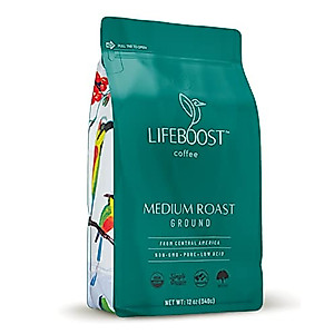 Lifeboost Coffee Ground Medium Roast Coffee - Low Acid Single Origin USDA Organic Coffee - Non-GMO Ground Coffee Third Party Tested For Mycotoxins & Pesticides - 12 Ounces