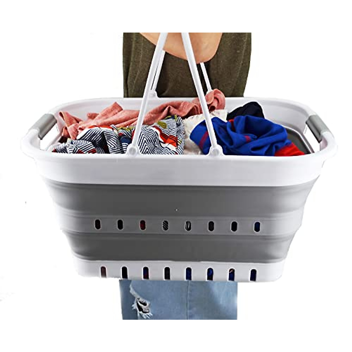 SAMMART 30L (8 Gallon) Collapsible Tub with Handle - Portable Outdoor Picnic Basket/Crater - Foldable Shopping Bag - Space Saving Storage Container (White/Grey, 1)