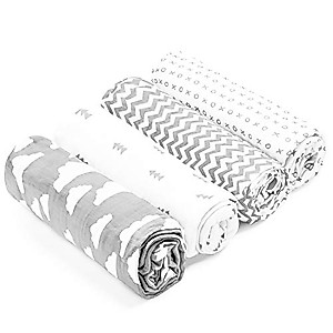 Muslin Swaddle Blankets – Soft Pure Cotton Muslin Blankets – 4 Pack of Breathable Swaddle Blankets – Unisex Baby Swaddle Blanket Set in Grey/White Designs – Multi Use Muslin Blankets – 47 x 47 inches