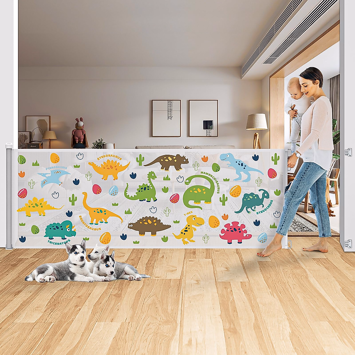 78 Inch Extra Wide Retractable Baby Gate for Large Opening, Child Safety Indoor/Outdoor Retractable Mesh, 34" Tall for Doorways, Stairs, Hallways-Dinosaur