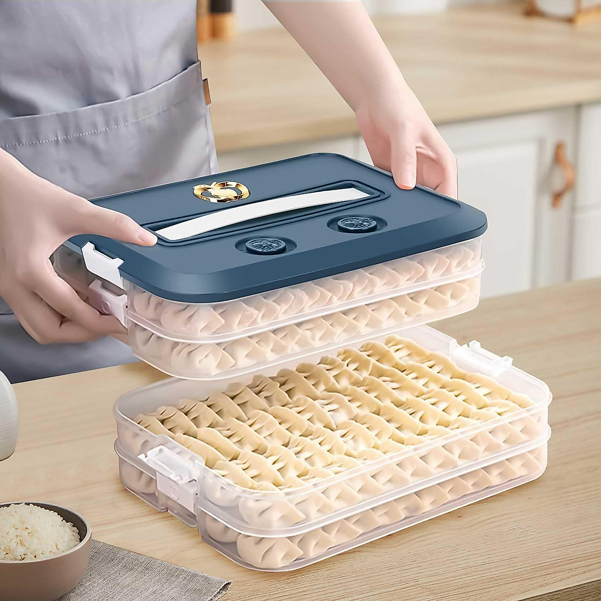 Tefola Food Storage Containers with Lids, 4-Layer Stackable Snack Container with Lid Dumpling Box Airtight Storage Container Cookie Storage Containers (Blue)