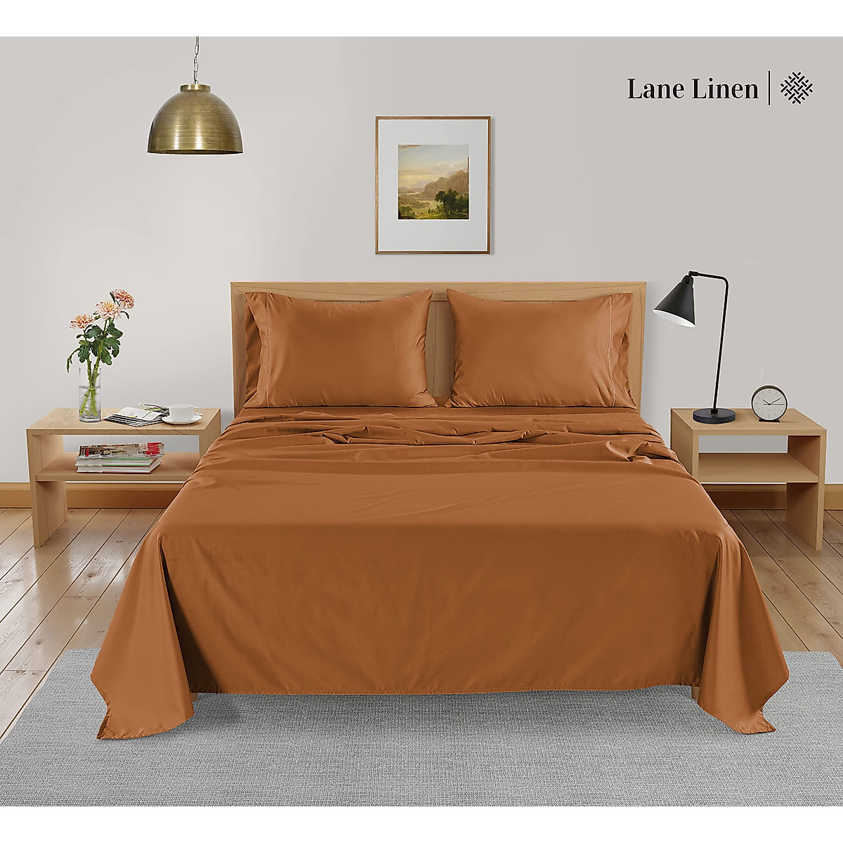LANE LINEN Bamboo Sheets Queen - 100% Rayon from Bamboo Queen Sheets Set, 4 Pc Sheets for Queen Size Bed, Cooling Sheets, Soft & Breathable Bed Sheets Queen, Deep Pocket Queen Sheets - Pumpkin Spice