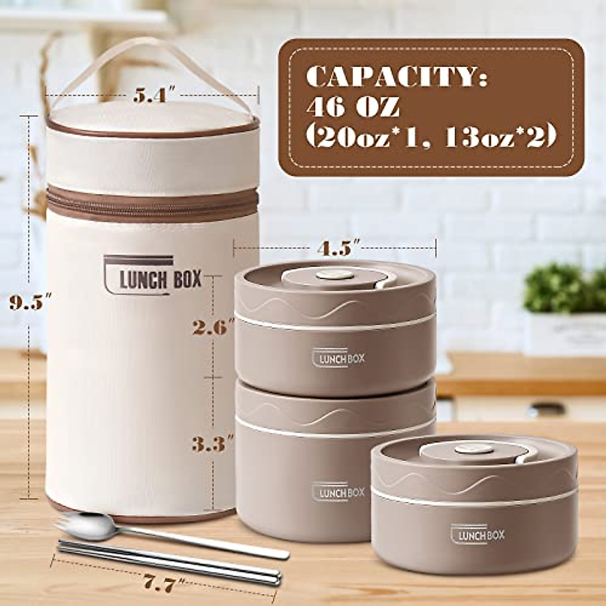 QQKO Portable Insulated Food Lunch Container Set with Thermal Lunch Box, 3 Separate Stackable Lunch Container for Adult Men Women Kids, 66 Oz/8.25 Cup (Brown, 3-Tier)