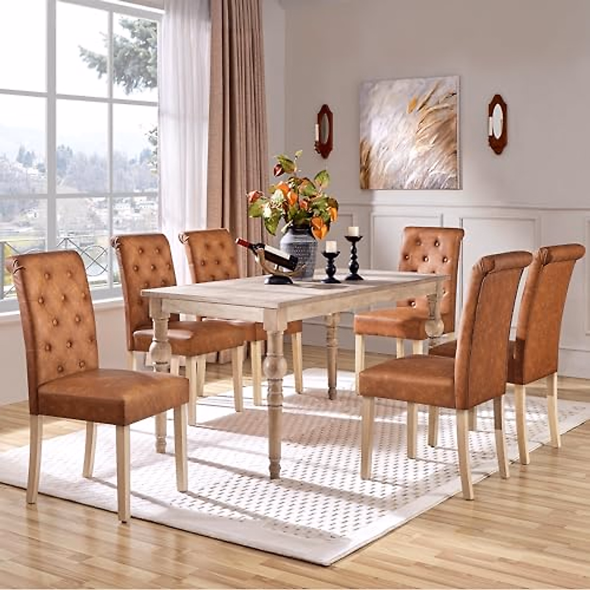 Yaheetech Upholstered Parsons Dining Chairs Set of 6, Faux Leather Button Tufted Chairs with High Back & Padded Seat & Solid Wood Legs for Kitchen Living Room Lounge, Retro Brown