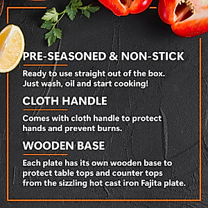 Mr. Bar-B-Q Premium Cast Iron Fajita Skillets Set, Pre-Seasoned, Non Stick Sizzling Plate, Wooden Base, Cloth Handle, Sizzler Steak Plate, Ideal for Different Food Cooking, Indoor & Outdoor Use