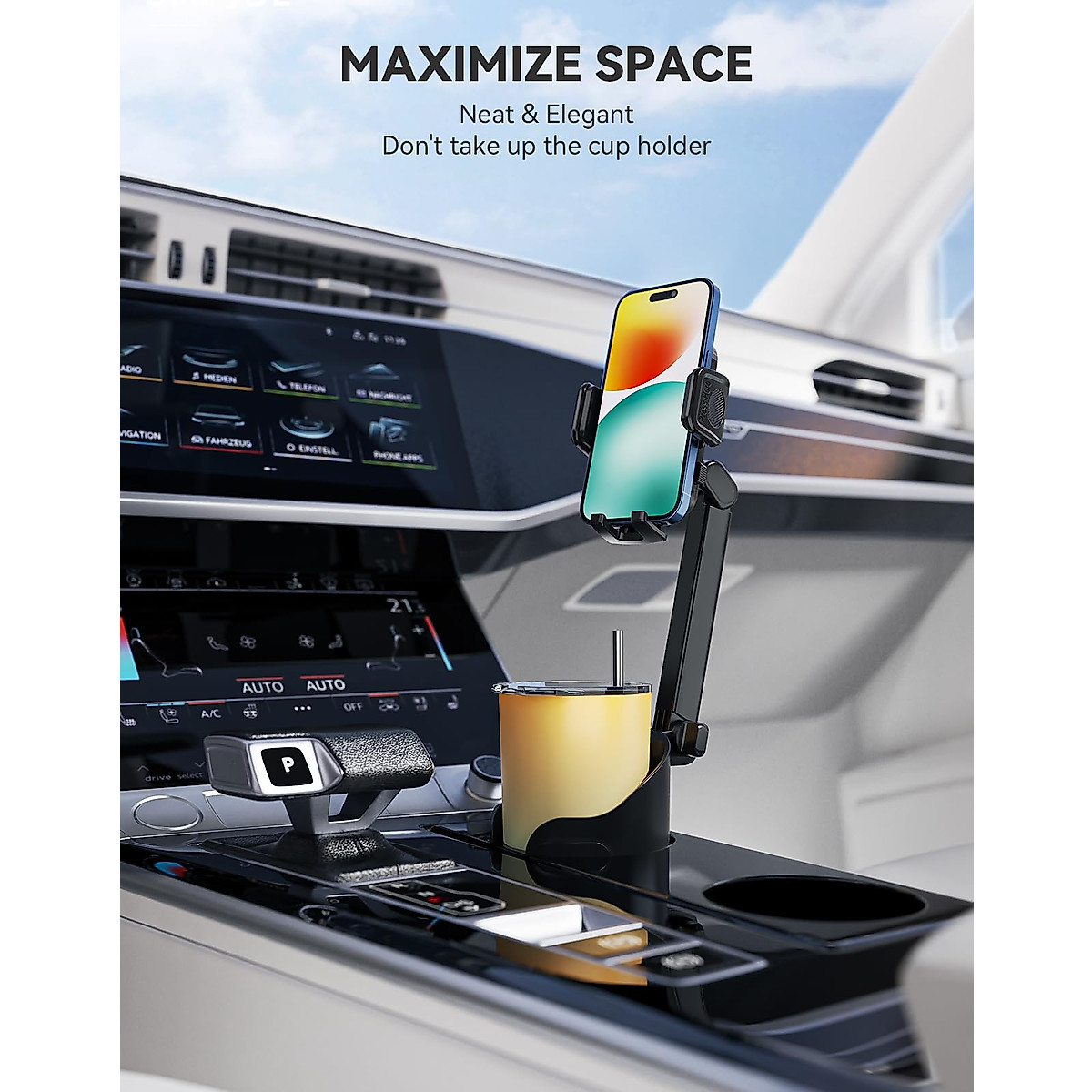 Miyamicro Cup Holder Phone Mount, Eco-Friendly Easy Install 2-in-1 Rotatable Car Phone Holders Cell Expander for 4-7" iPhone/Android/Truck,Perfectly Fit 3-4.3" Round & Rectangle Cup Holder (Black)