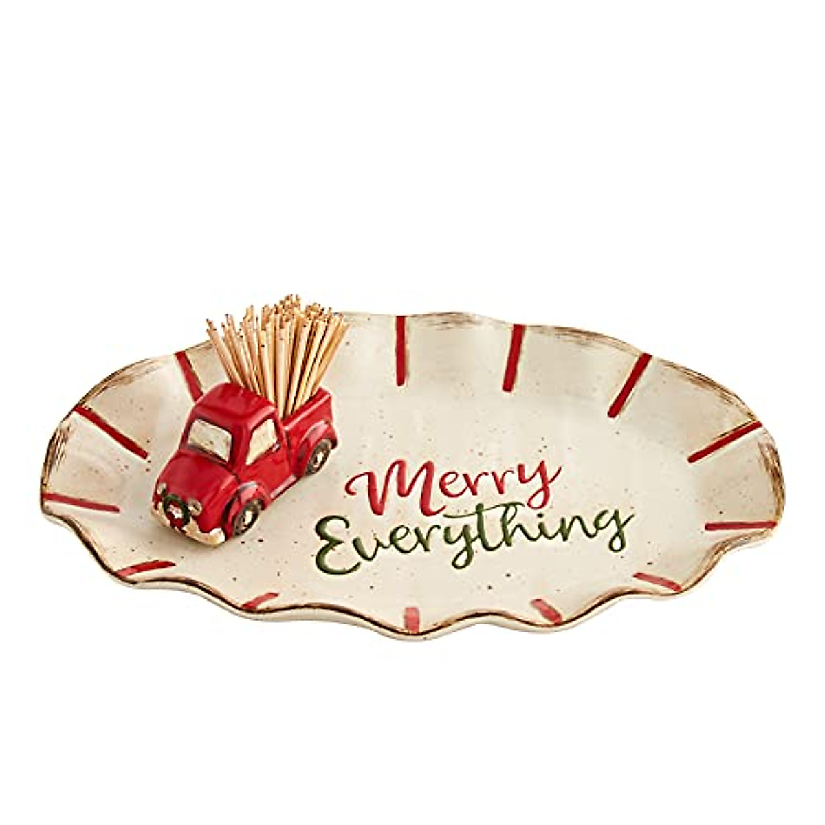 Mud Pie Xmas Toothpick and Plate, White, Tray 8 1/2"" x 12 1/2"" | Truck 2"" x 3 1/2"""