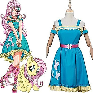 1218 Pony Fluttershy Cosplay Costume Human Princess Dress Halloween Masquerade Party Role Play (L, Female)