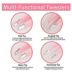 Tweezers Set 4-piece, Professional Stainless Steel Tweezers, Precision Tweezers for Eyebrows, Facial Hair, Ingrown Hair, Splinter, Blackhead Remover (PINK)…