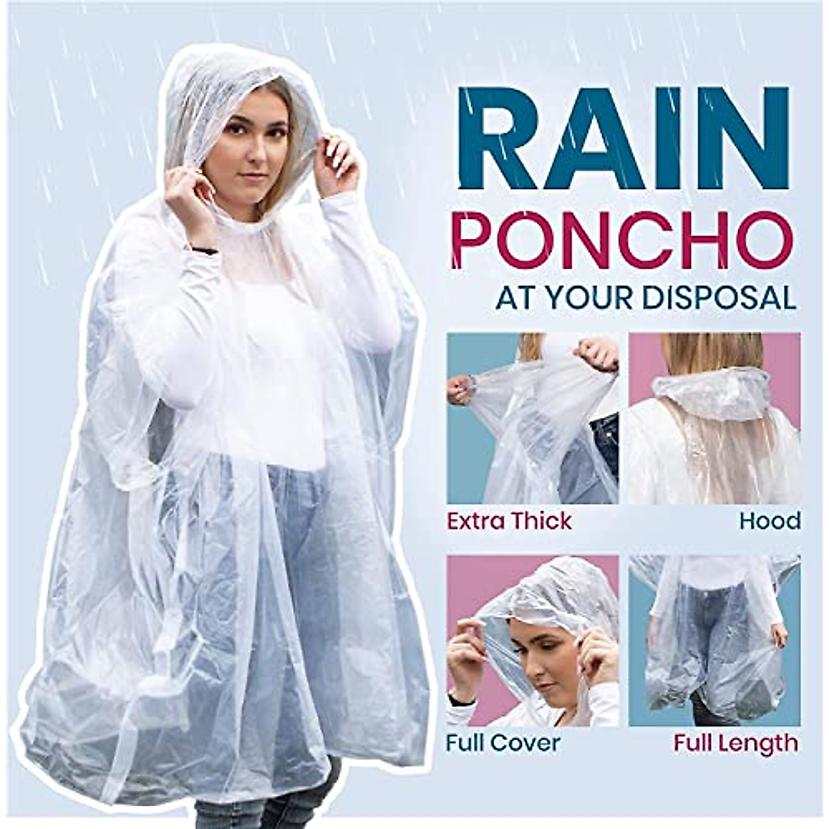20-Pack Waterproof Rain Ponchos for Adults with Hood for Camping, Hiking | Clear - 100% Waterproof Disposable Raincoat for Men & Women