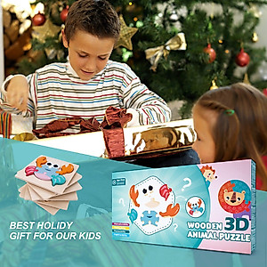 Wooden Toys 3D Animal Toddler Puzzles, Wooden Jigsaw Puzzle Set, 6 Pack Animal Shape Color Montessori Toy, Preschool Toys for Age 3+ Kids Early Educational Toys MM-P-06