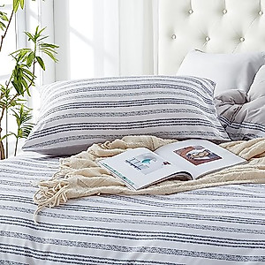 La Sheer 3pcs Striped Farmhouse Duvet Cover Sets King Size - Reversible White Duvet Cover with Grey Rugged Stripes Pattern Printed Comforter Cover,with Zipper Closure & Corner Ties