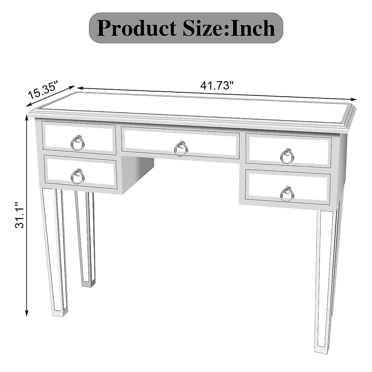 Henf Mirrored Makeup Vanity Table Desk,Mirrored Console Table, 5 Drawers Media Console Table for Women Home Office Writing Desk Smooth Finish