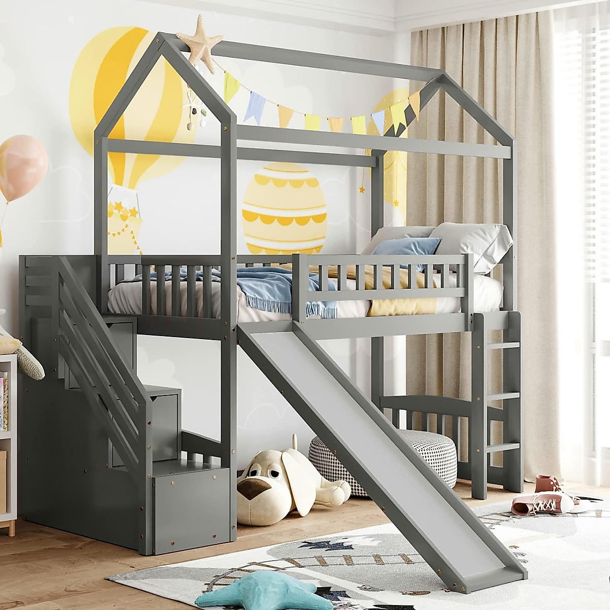 Twin Loft Bed with Stairs and Slide, Wooden House Loft Bed Twin Size with Step Storage Drawers Stairway Playhouse Bed for Kids, Toddlers, Girls & Boys, No Box Spring Needed (Twin, Gray)