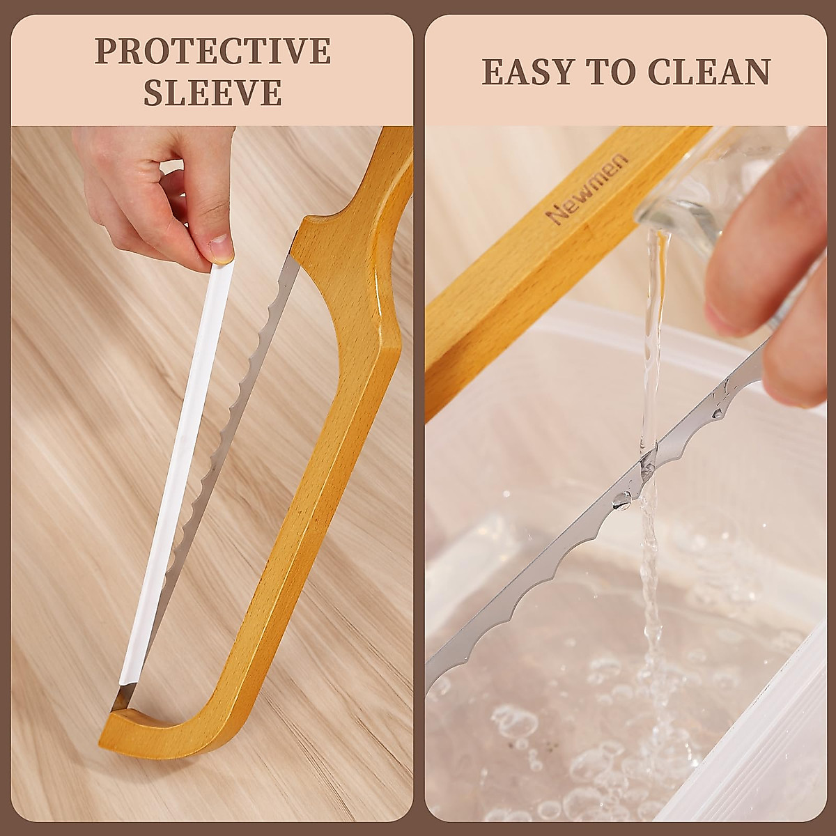 NewmeniDesign Sourdough Bread Knife with Bag: 16'' Sharp Sourdough Slicer with Knife Protector - Cuts Easily Bread Bow Knife for Every Kitchen - Durable Wooden for Fruit Cake Cheese and Baking