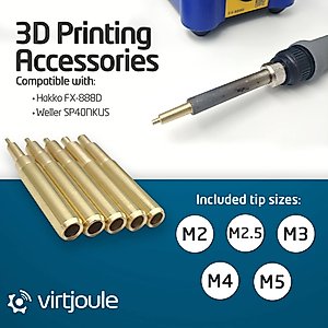Virtjoule Heat Set Insert Tips for Sizes M2, M2.5, M3, M4, and M5 - Soldering Iron Tips for 3D Printer Users, 3D Printing Accessories Compatible with Hakko FX-888D and Weller SP40NKUS Soldering Irons