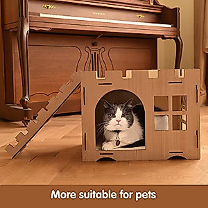 Extra Large Wooden Rabbit Castle with Ladder - Wood Cat Beds for Indoor Cats, Rabbit Hideout Bunny House Luxurious Small Animal Rest and Play House for Chinchilla Guinea Pig Hamster Hideout Habitat