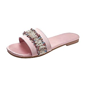 Fashion Women Beach Slip On Pearl Casual Open Toe Non Slip Flat Breathable Slippers Shoes Bedroom Boot Slippers Women (Red, 7)