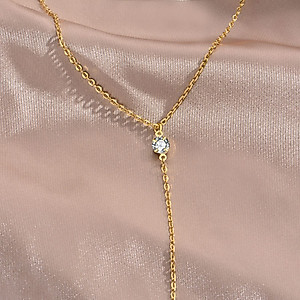 Handmade Lariat Necklace for Women, 18K Gold Plated Dainty Drop Y Chain Necklace Jewelry for Women Girl Gifts with Simulated Diamond，16" to 18" adjustable length (Gold)