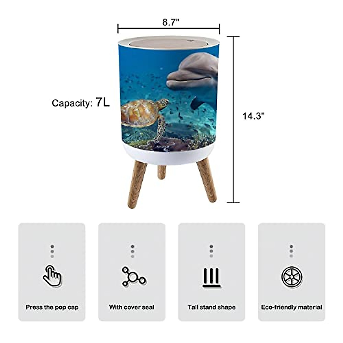 Small Trash Can with Lid Dolphin and Turtle Underwater on Reef 7 Liter Round Garbage Can Elasticity Press Cover Lid Wastebasket for Kitchen Bathroom Office 1.8 Gallon