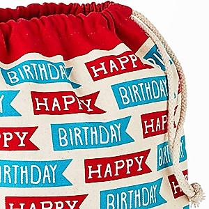 Hallmark 19" Large Birthday Drawstring Gift Bag (Red and Blue "Happy Birthday" Flags) for Kids, Grandchildren, Adults, Coworkers, Friends