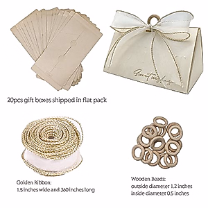 Wedding Candy Boxes, Beige Wedding Favor Boxes Chocolate Treat Gift Boxes,with Wooden Beads and Ribbon,for Wedding Bridal Shower Baptism Baby Shower Birthday Party Decoration Supplies… (20pcs, L)
