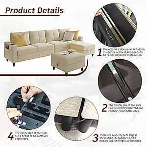 FOMNEY Sectional Couche for Living Room, Modular U Shaped Sofa Couchs with RGB Lights and Charging Ports, 6 Seat Convertible Sectional Sofa with Storage Ottoman (Beige)