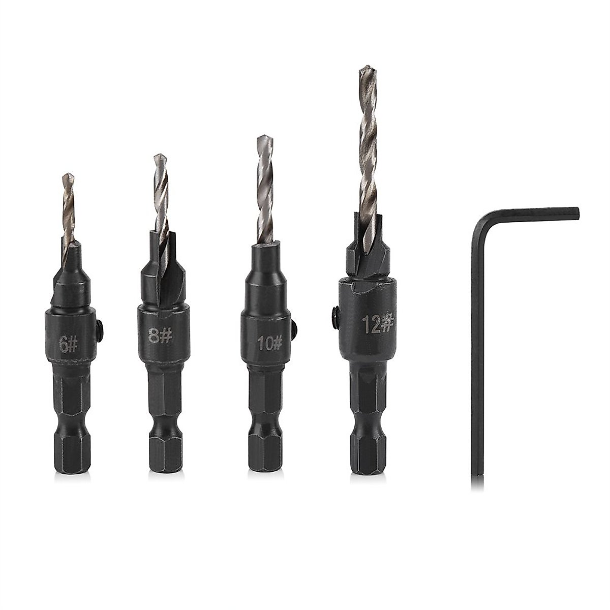 HSS Countersink Drill Bit, #6#8#10#12 1/4inch Hex Shank Drill Bits HSS Countersink Drill Bit Set with Small Wrench Countersink Woodworking Tool
